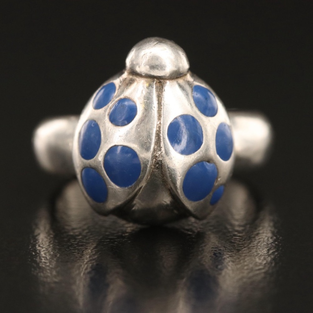 Sterling Silver Blue Spotted Ladybug Insect Ring - Gem